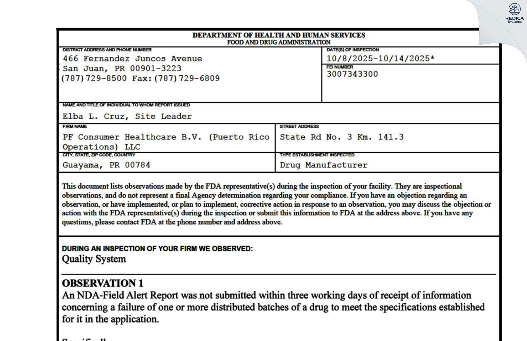 PF Consumer Healthcare B.V. (Puerto Rico Operations) LLC - Form 483 ...