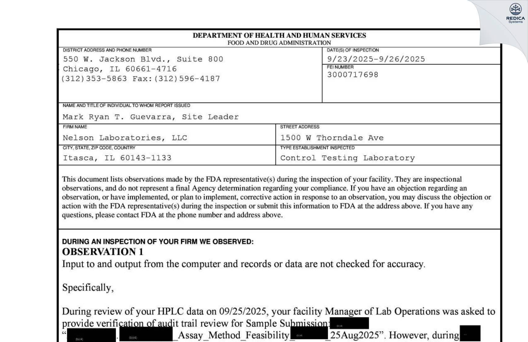 Nelson Laboratories, LLC - Form 483, 2025-09-26 - Redica Systems Store