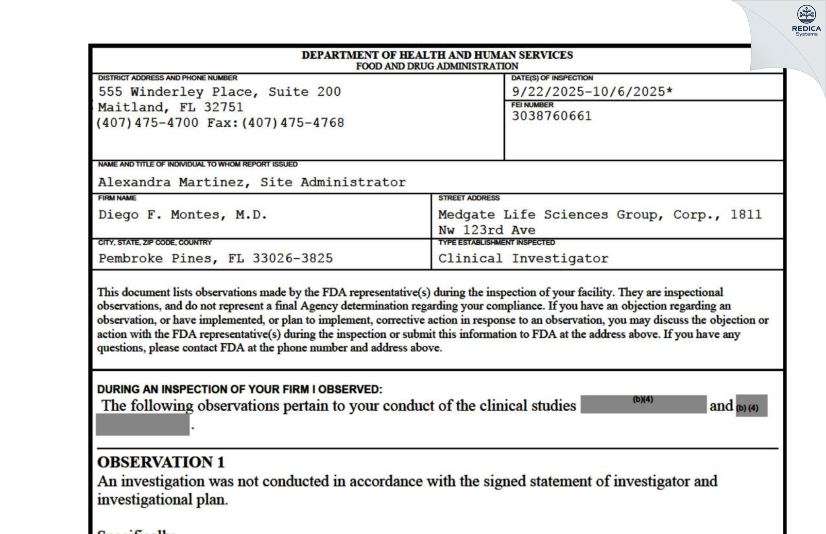 Diego F. Montes, M.D. - Form 483, 2025-10-15 - Redica Systems Store