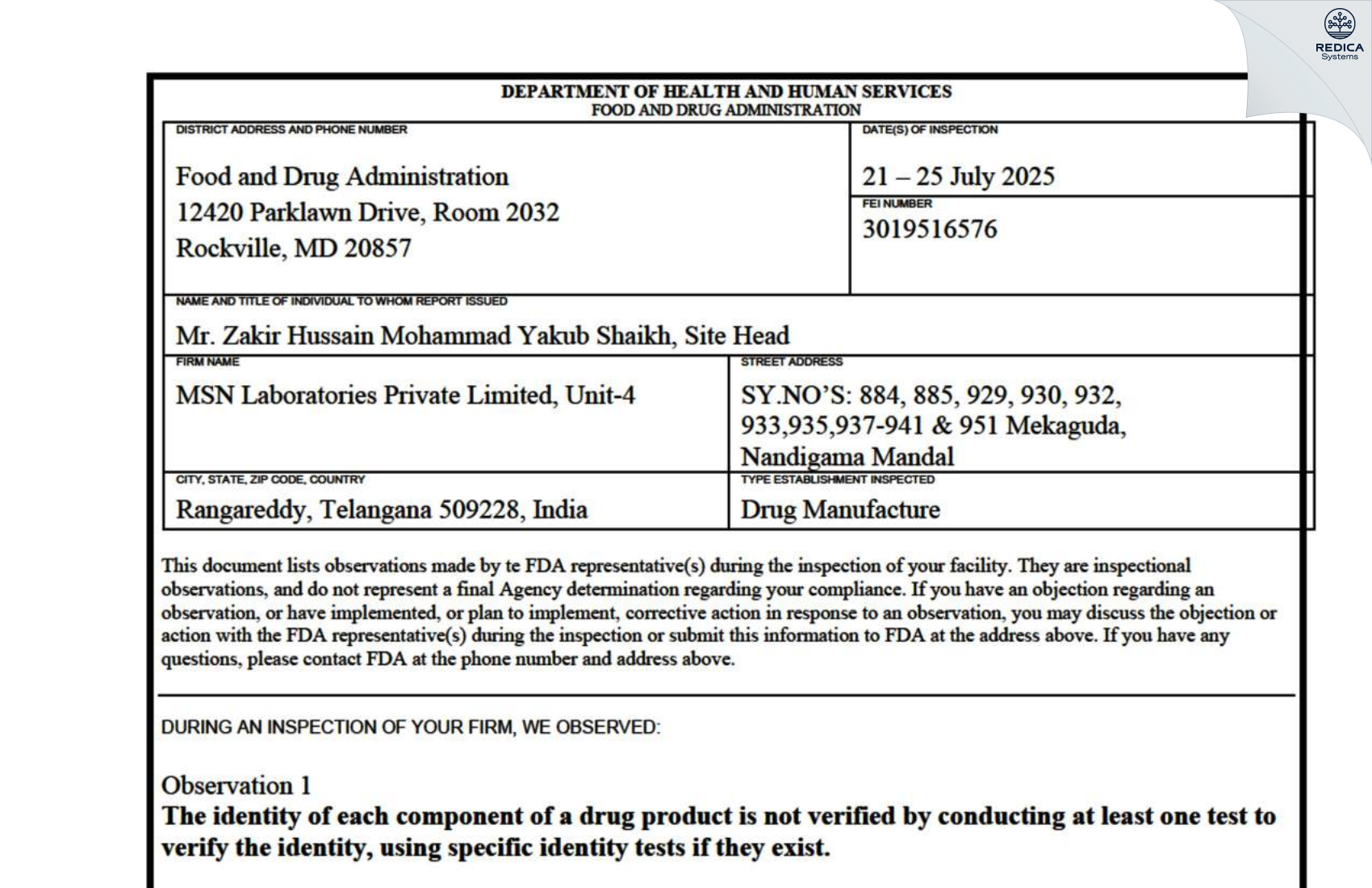 MSN Laboratories Private Limited - Form 483, 2025-07-25 - Redica ...