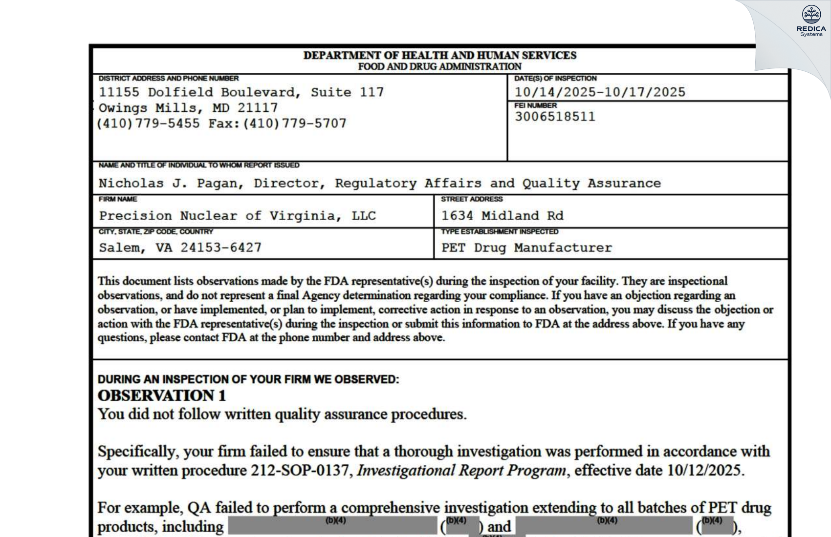 Precision Nuclear of Virginia, LLC - Form 483, 2025-10-17 - Redica ...