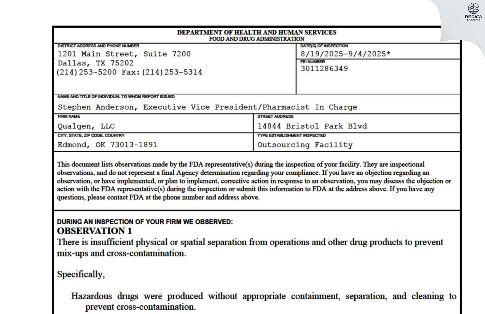 Qualgen, LLC - Form 483, 2025-09-04 - Redica Systems Store