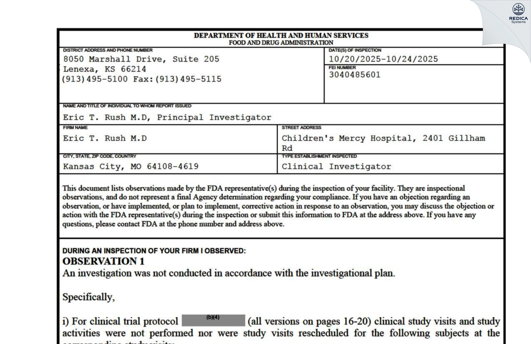Eric T. Rush M.D - Form 483, 2025-10-24 - Redica Systems Store