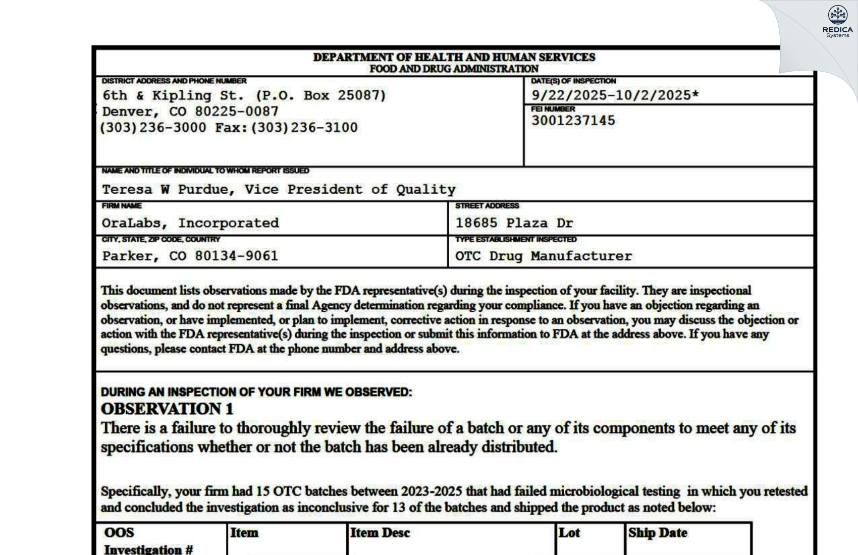 OraLabs, Inc - Form 483, 2025-10-02 - Redica Systems Store