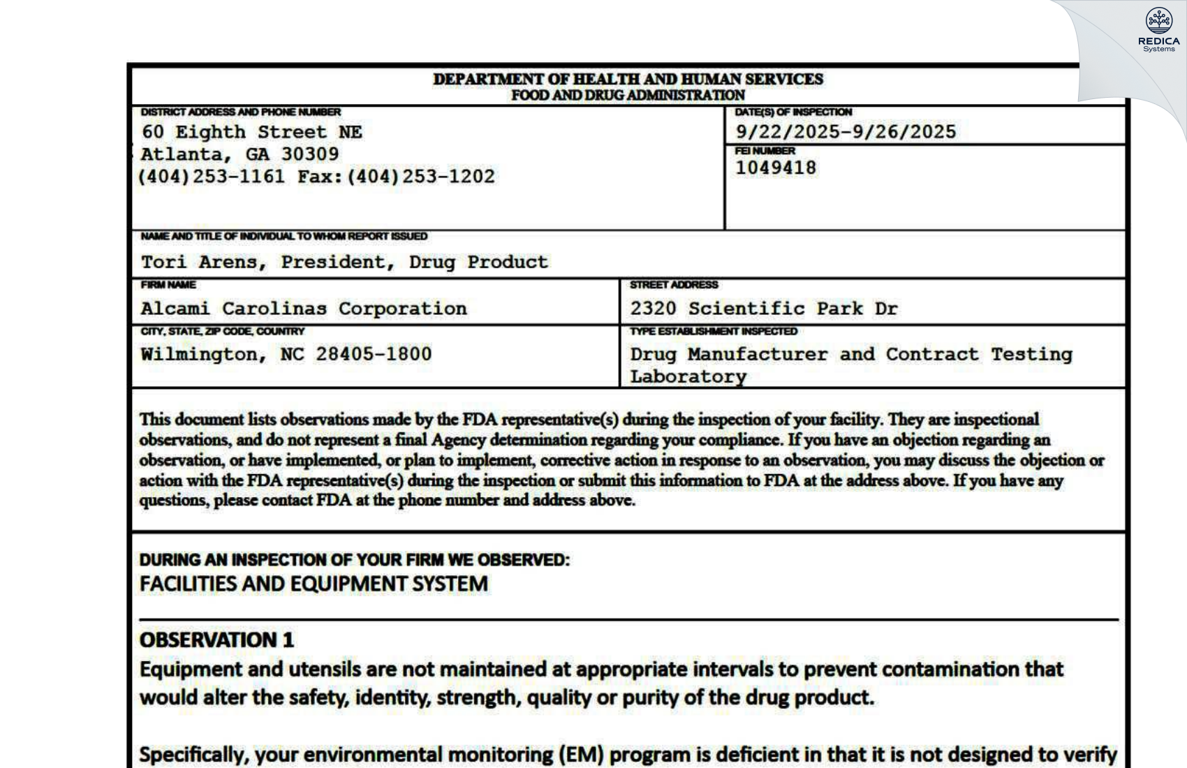 Alcami Carolinas Corporation - Form 483, 2025-09-26 - Redica Systems Store