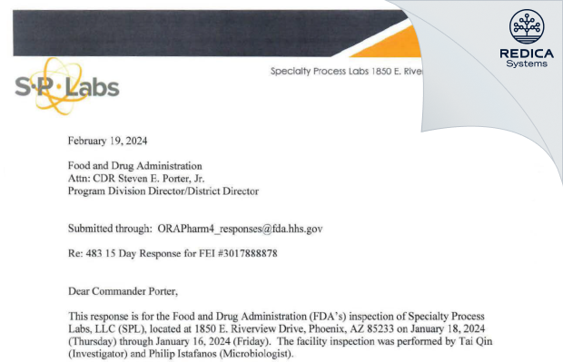 Specialty Process Labs - Form 483R, 2024-02-19 - Redica Systems Store