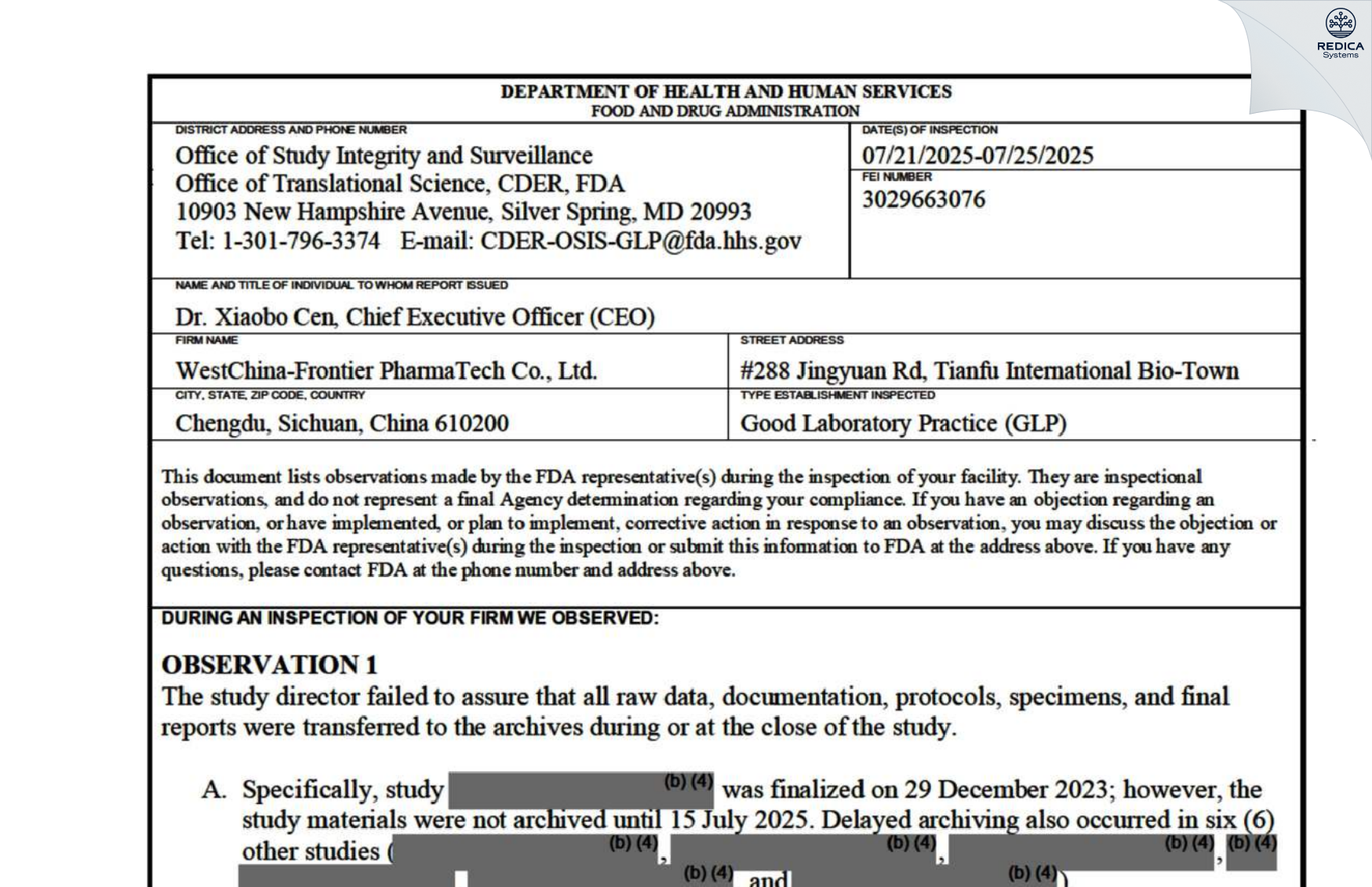WestChina-Frontier PharmaTech Co, Ltd - Form 483, 2025-07-25 - Redica ...
