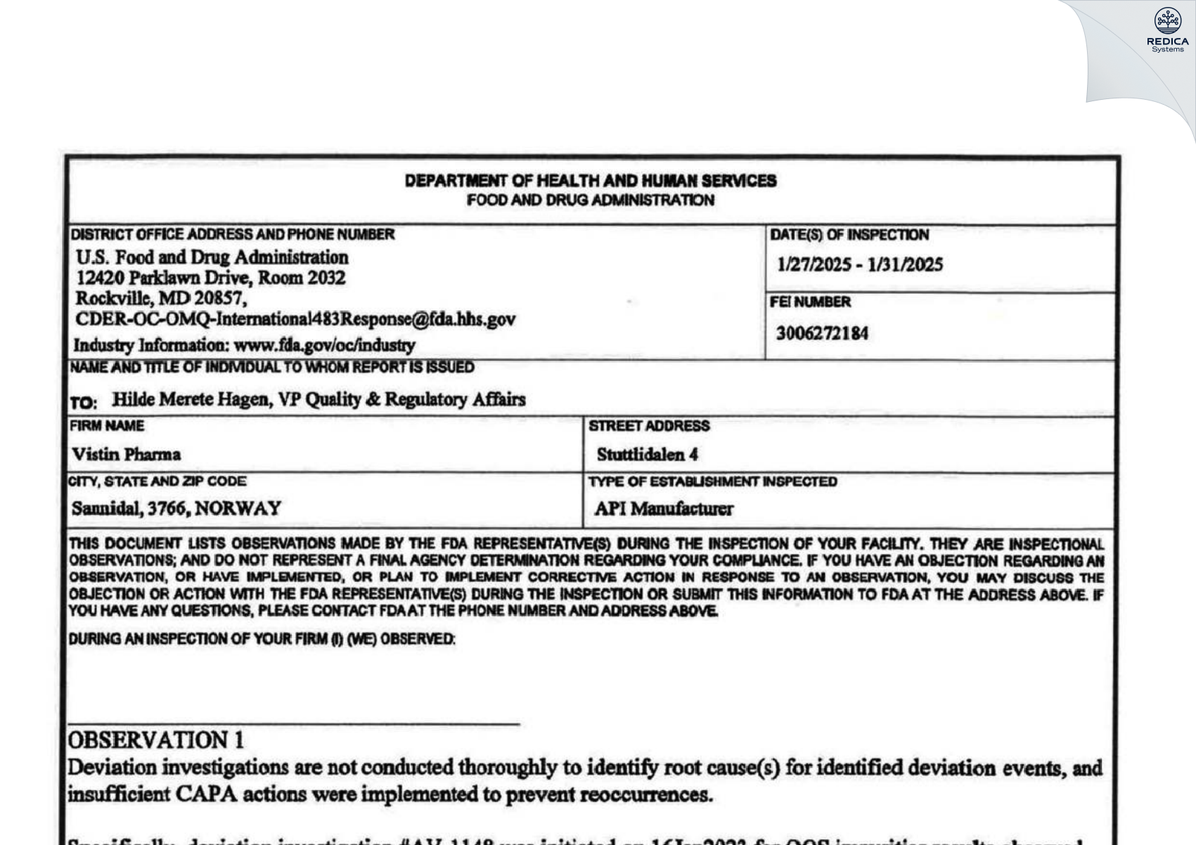 Vistin Pharma AS avd Kragerø Fikkjebakke - Form 483, 2025-01-31 ...