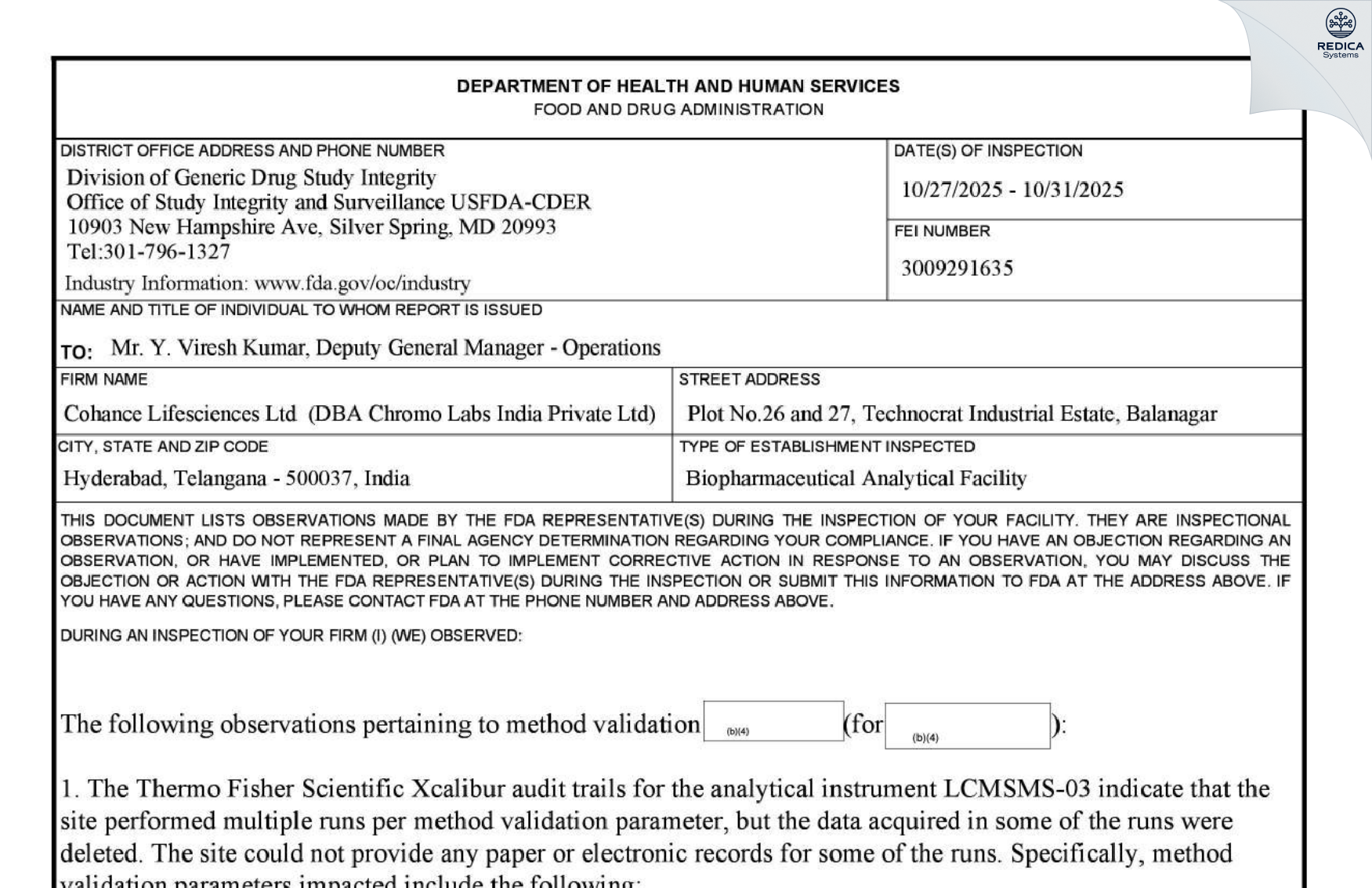 COHANCE LIFESCIENCES LIMITED - Form 483, 2025-10-31 - Redica Systems Store