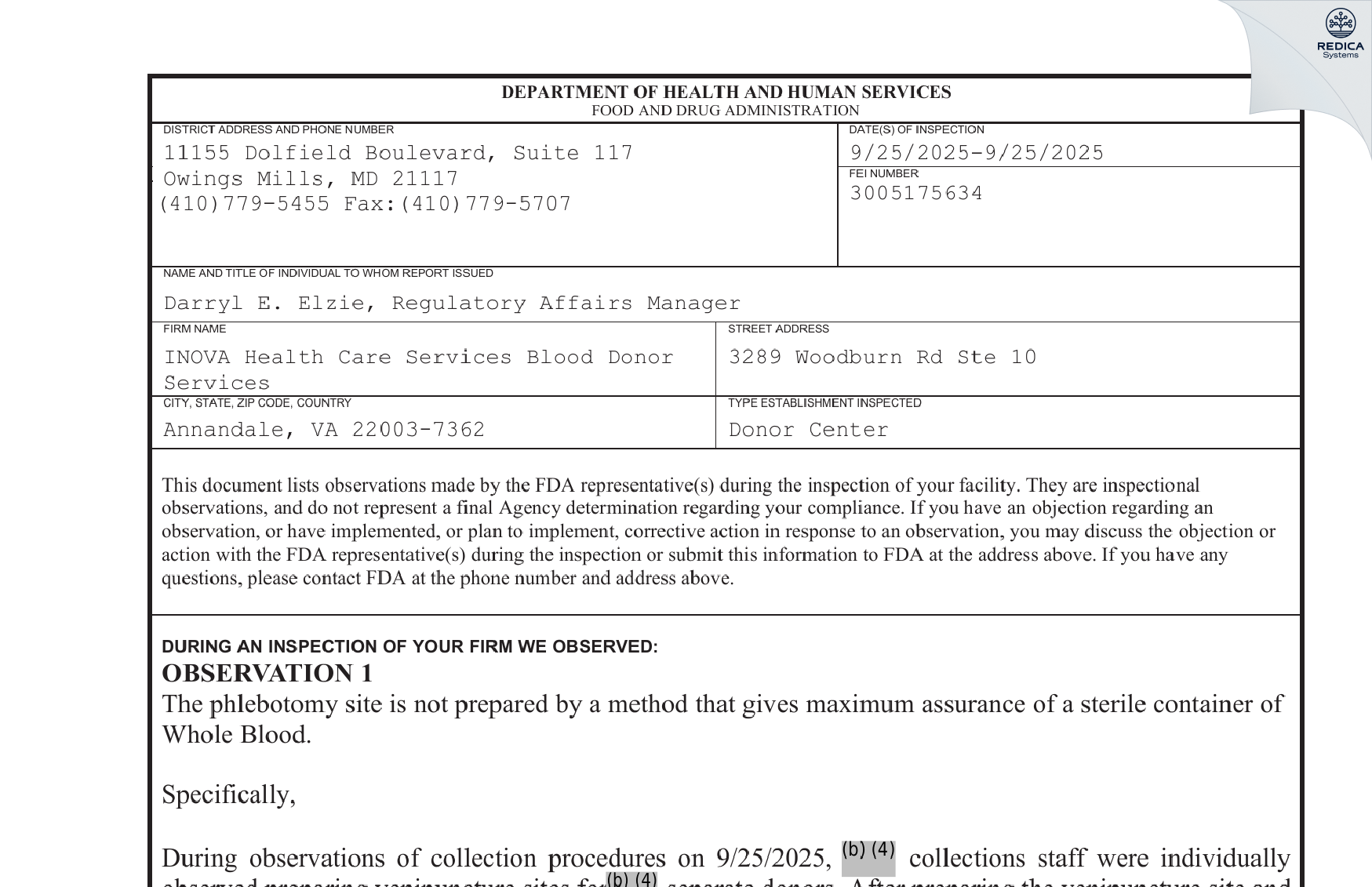 INOVA Health Care Services Blood Donor Services - Form 483, 2025-09-25 ...