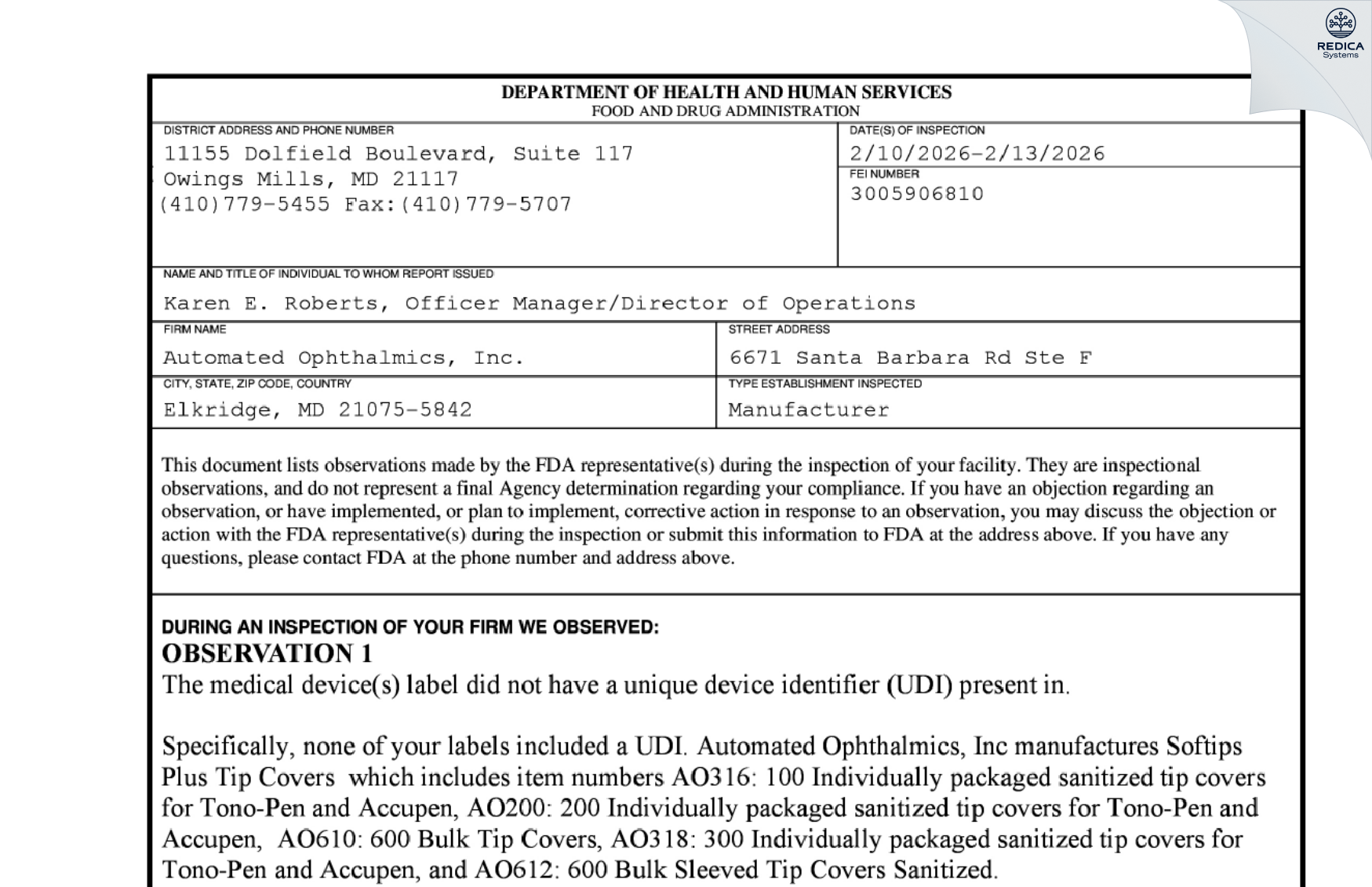 Automated Ophthalmics, Inc. - Form 483, 2026-02-13 - Redica Systems Store