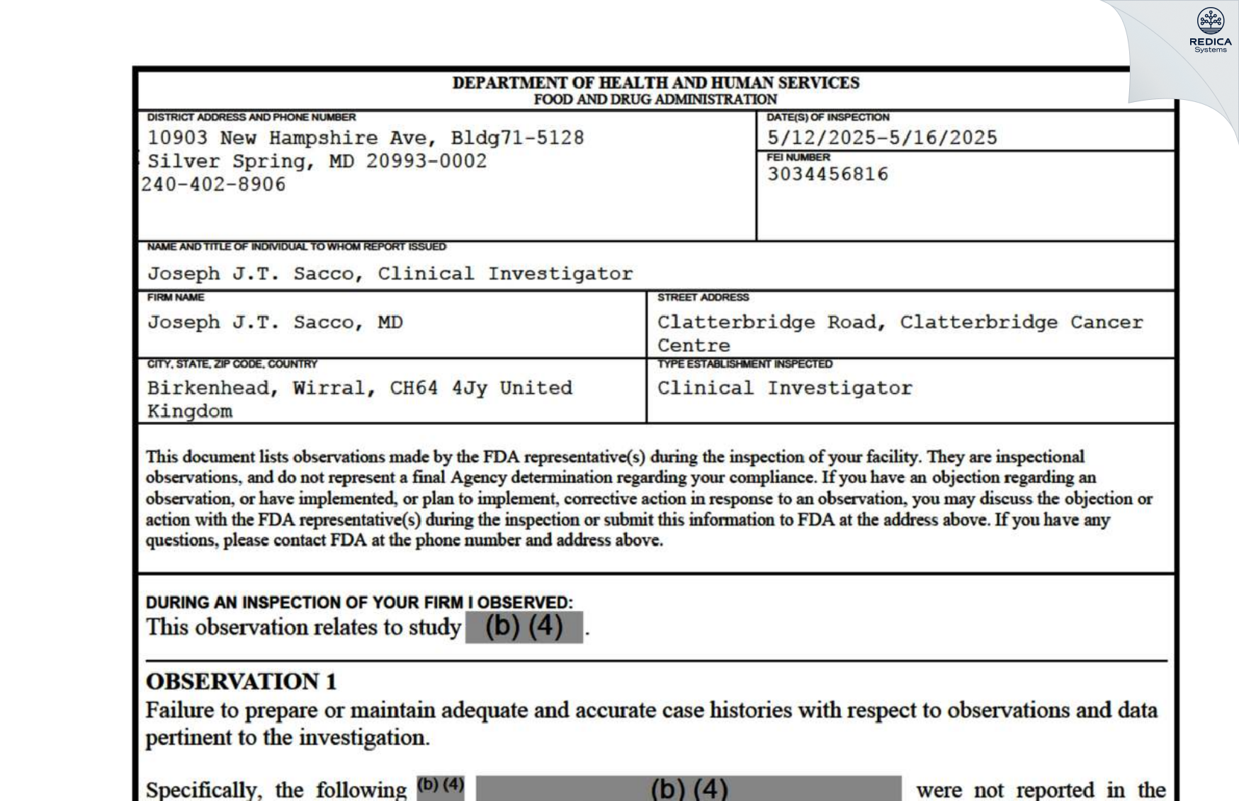 Joseph J.T. Sacco, MD - Form 483, 2025-05-16 - Redica Systems Store