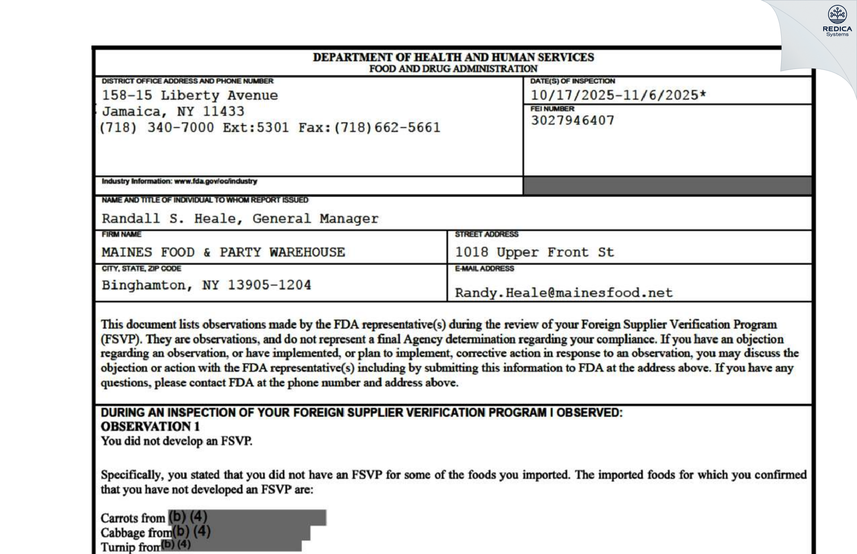 MAINES FOOD & PARTY WAREHOUSE - Form 483, 2025-11-06 - Redica Systems Store