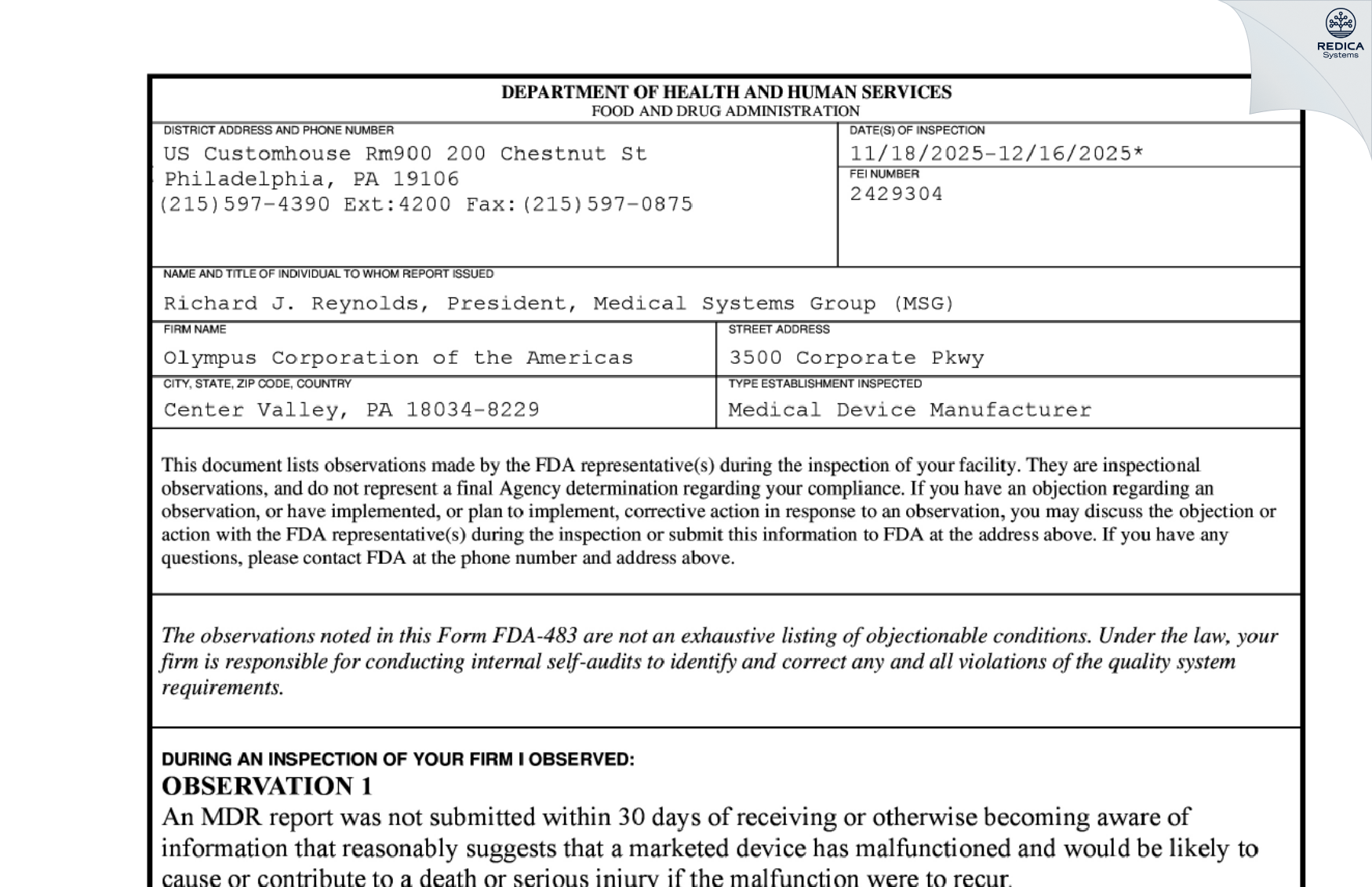 Olympus Corporation of the Americas - Form 483, 2025-12-16 - Redica ...