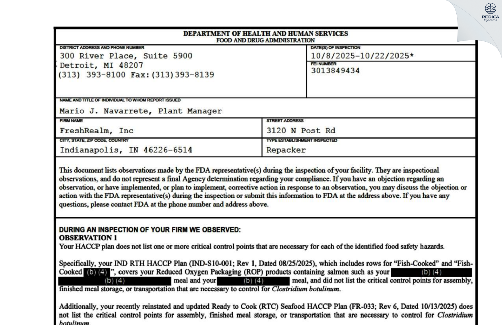 FreshRealm, Inc - Form 483, 2025-10-22 - Redica Systems Store