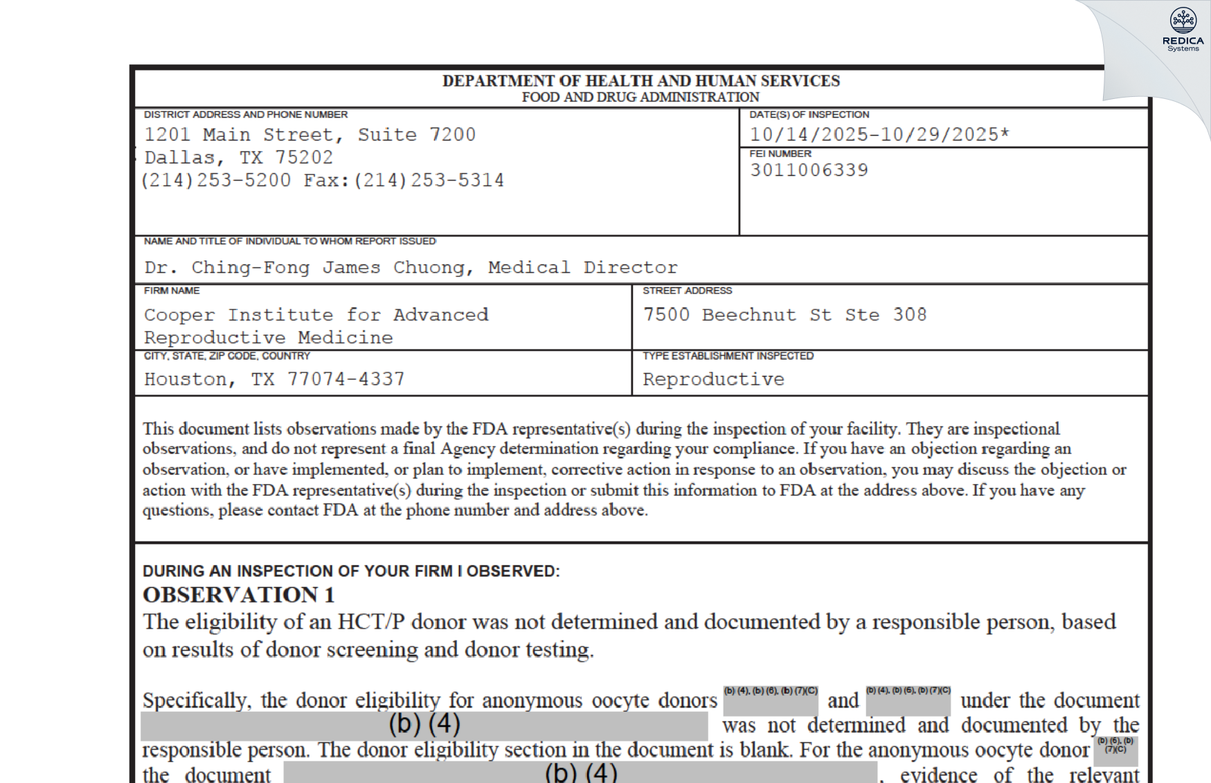 Cooper Institute for Advanced Reproductive Medicine - Form 483, 2025-10 ...