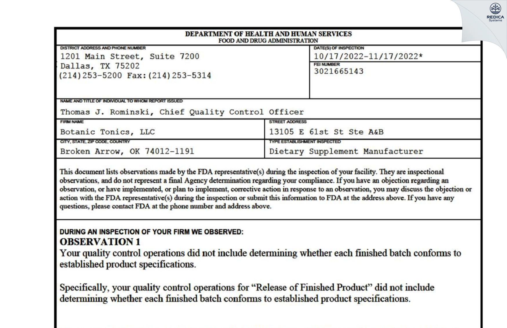 Botanic Tonics, LLC - Form 483, 2022-11-17 - Redica Systems Store
