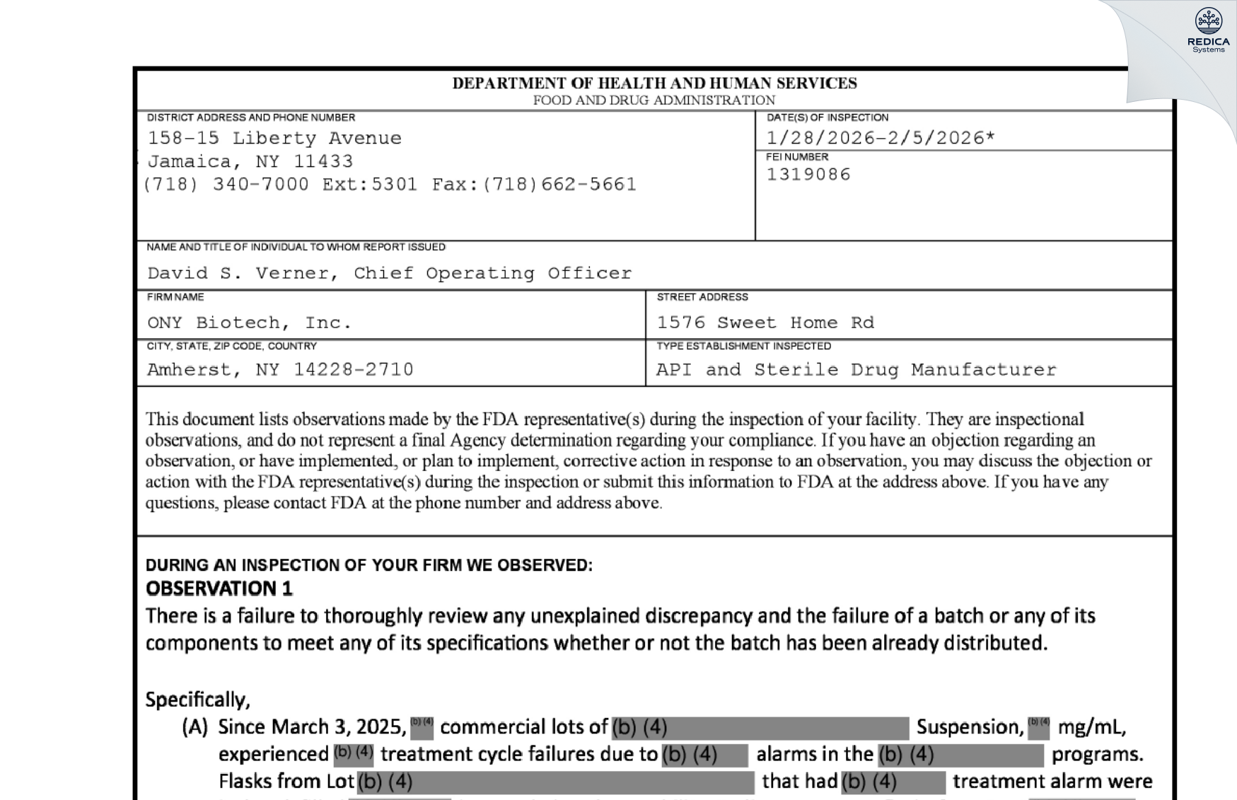 ONY Biotech Inc. - Form 483, 2026-02-05 - Redica Systems Store
