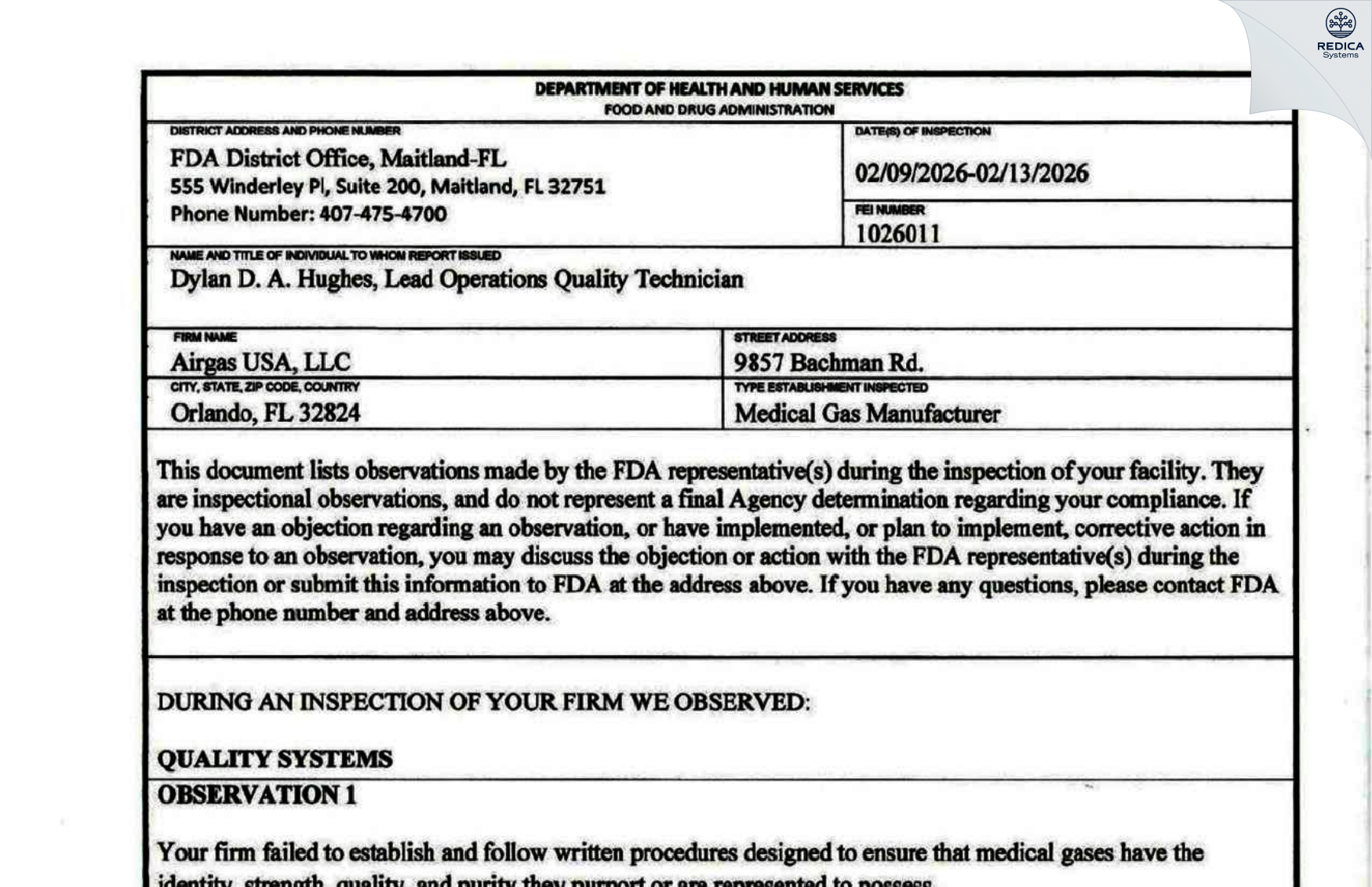 AIRGAS USA, LLC - Form 483, 2026-02-13 - Redica Systems Store