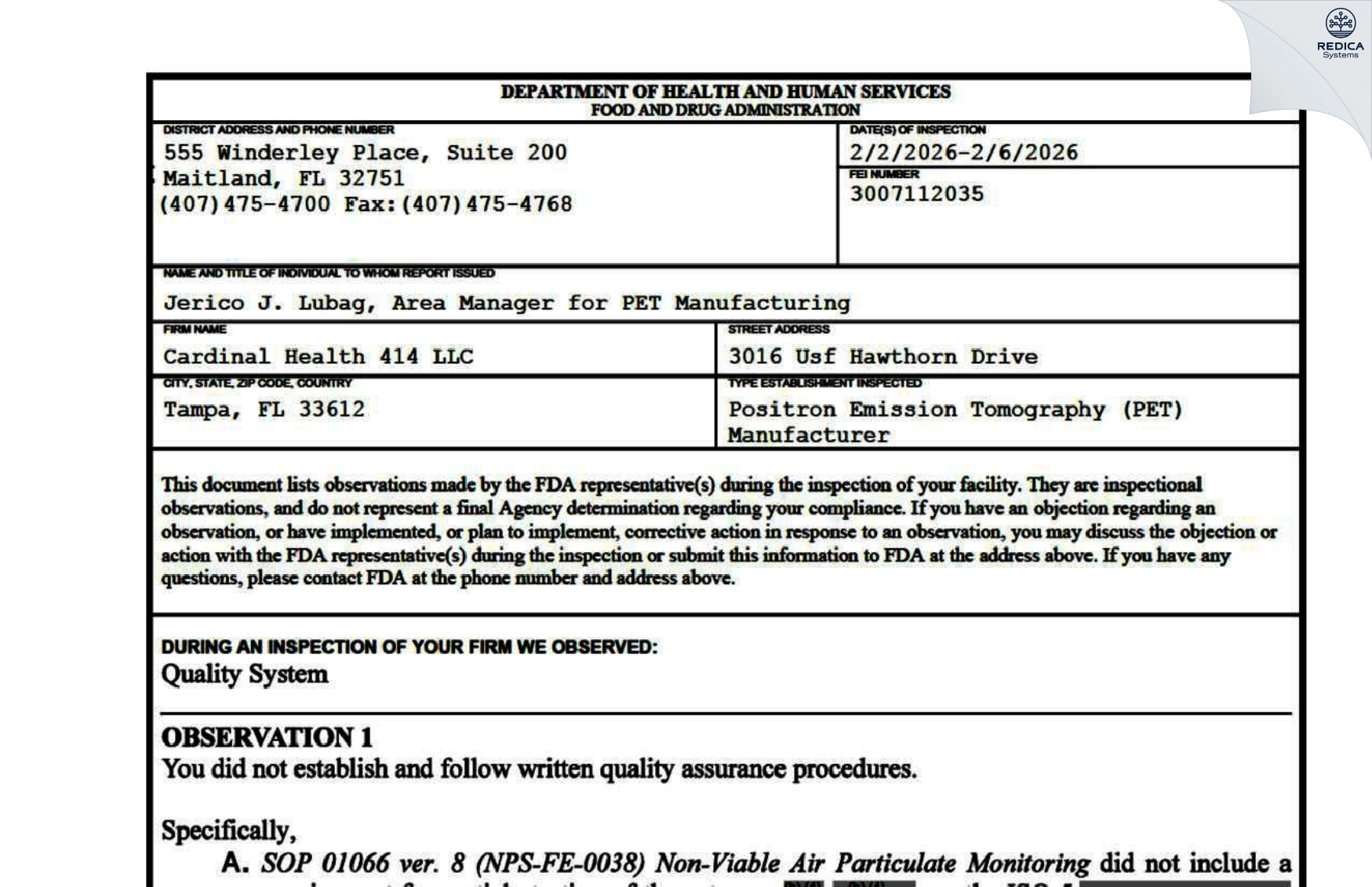 Cardinal Health 414, LLC - Form 483, 2026-02-06 - Redica Systems Store