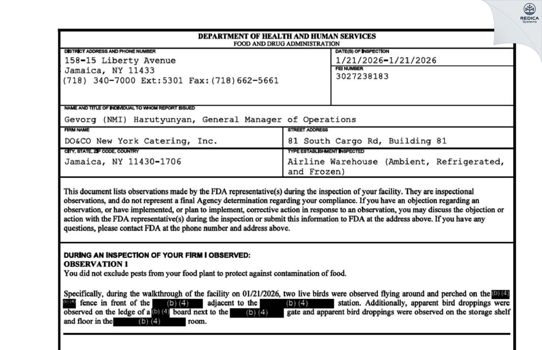 DO&CO New York Catering, Inc. - Form 483, 2026-01-21 - Redica Systems Store