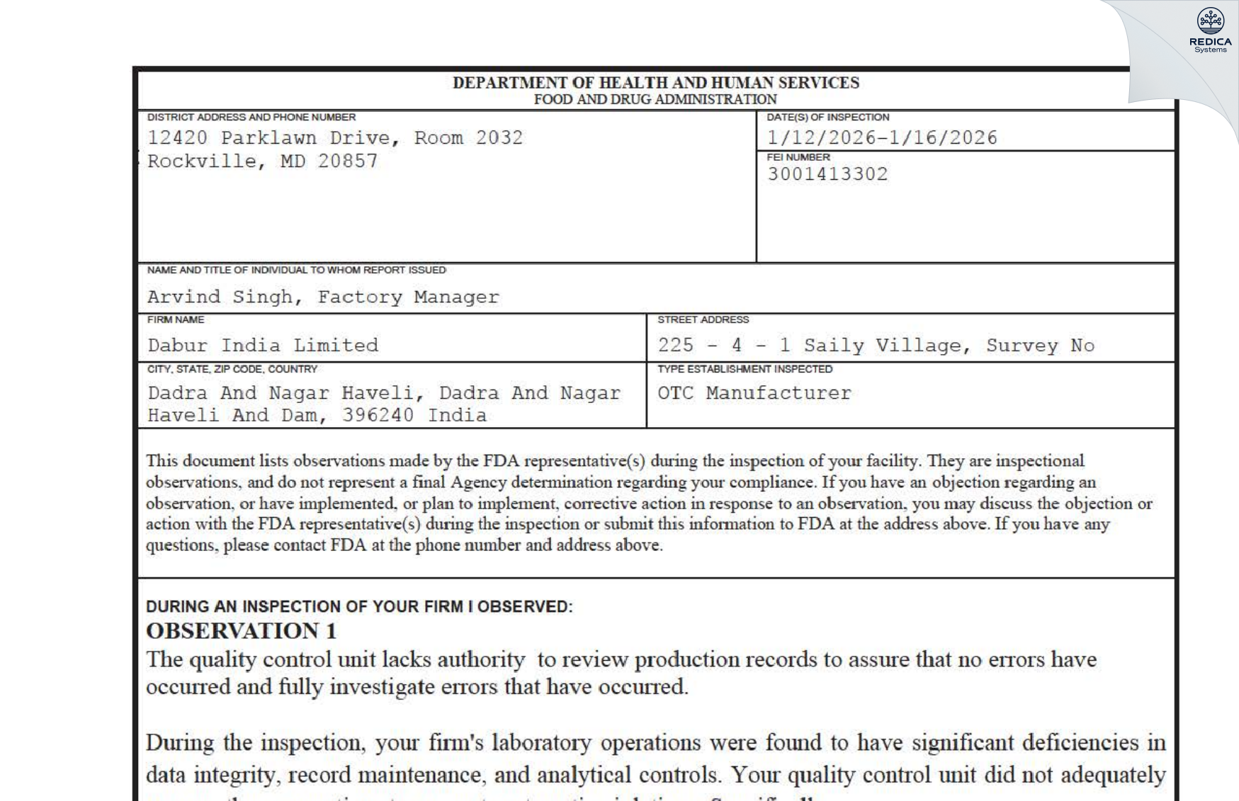 Dabur India Limited - Form 483, 2026-01-16 - Redica Systems Store